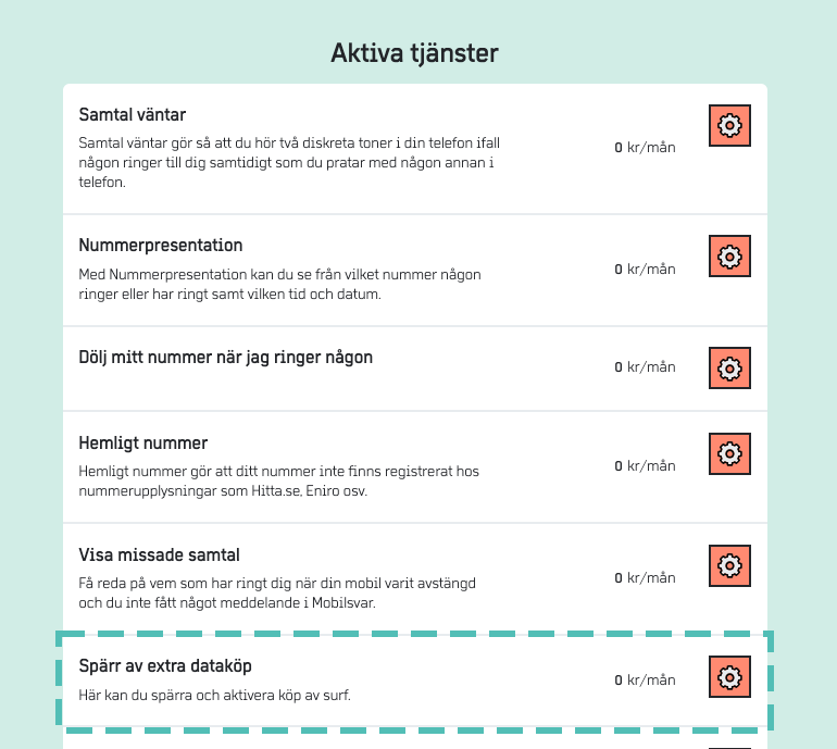 Under Aktiva tjänster hittar du Lägg till tjänster där du kan välja ...